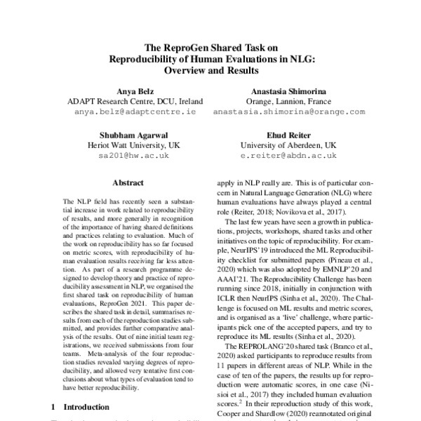 The ReproGen Shared Task on Reproducibility of Human Evaluations in NLG: Overview and Results ...