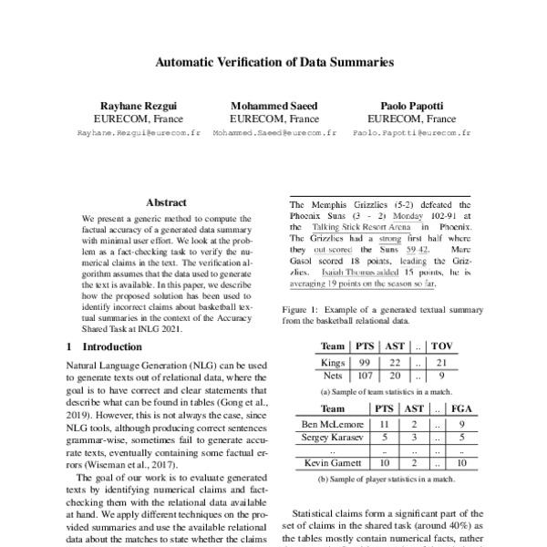 Automatic Verification of Data Summaries - ACL Anthology
