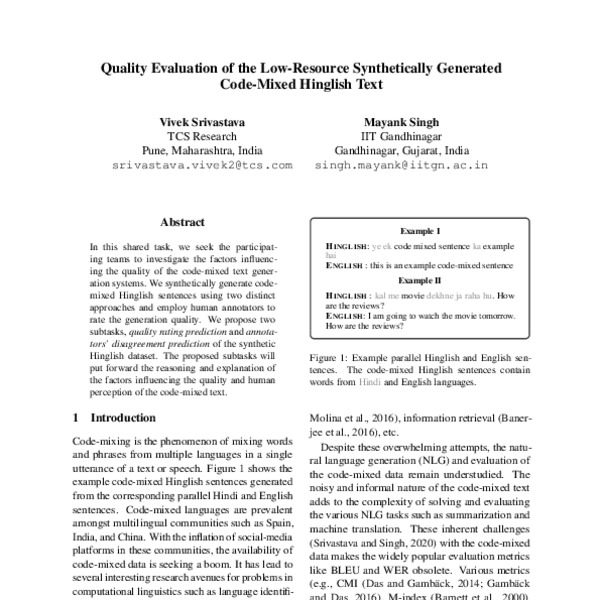 Quality Evaluation of the Low-Resource Synthetically Generated Code-Mixed Hinglish Text - ACL ...