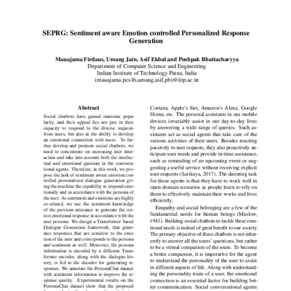 SEPRG: Sentiment aware Emotion controlled Personalized Response Generation - ACL Anthology