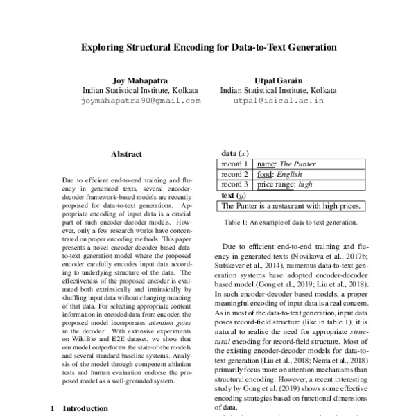 Exploring Structural Encoding for Data-to-Text Generation - ACL Anthology