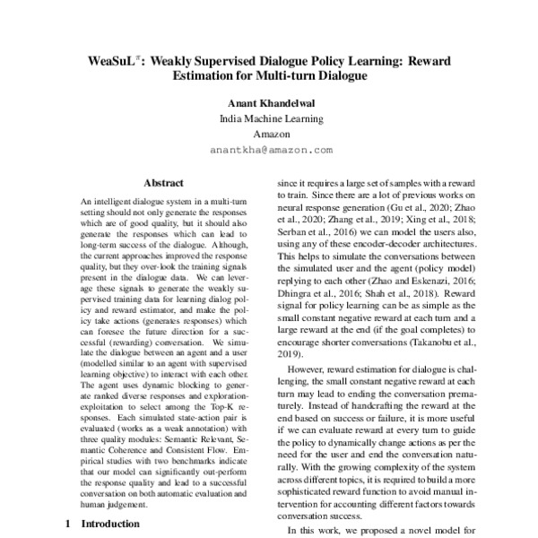 WeaSuL: Weakly Supervised Dialogue Policy Learning: Reward Estimation for Multi-turn Dialogue ...