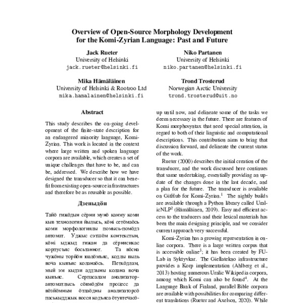 Overview of Open-Source Morphology Development for the Komi-Zyrian ...