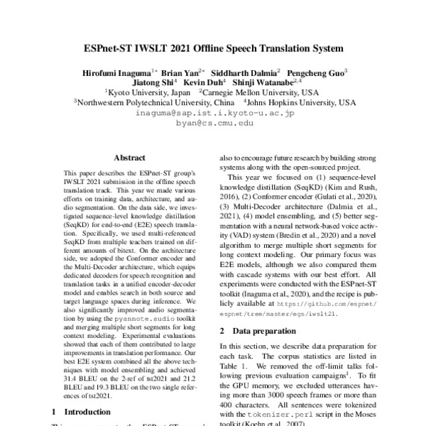 ESPnet-ST IWSLT 2021 Offline Speech Translation System - ACL Anthology