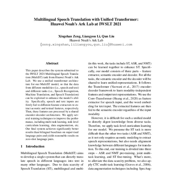 Multilingual Speech Translation with Unified Transformer: Huawei Noah’s ...