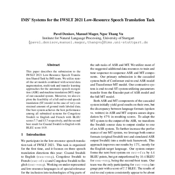 IMS’ Systems for the IWSLT 2021 Low-Resource Speech Translation Task - ACL Anthology