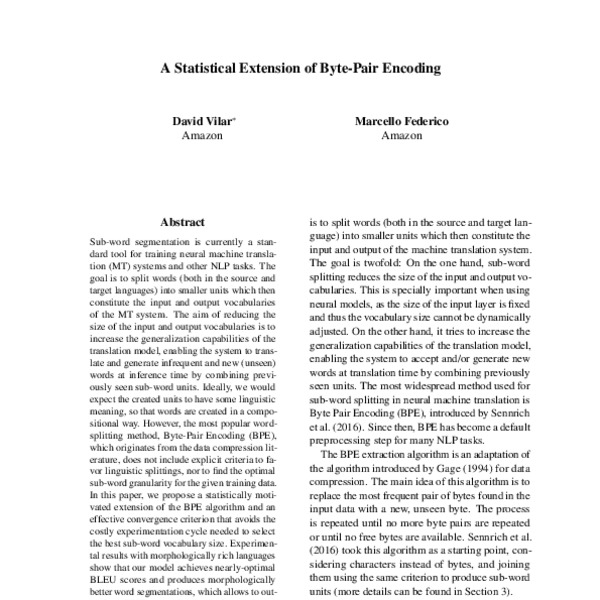A Statistical Extension Of Byte Pair Encoding Acl Anthology