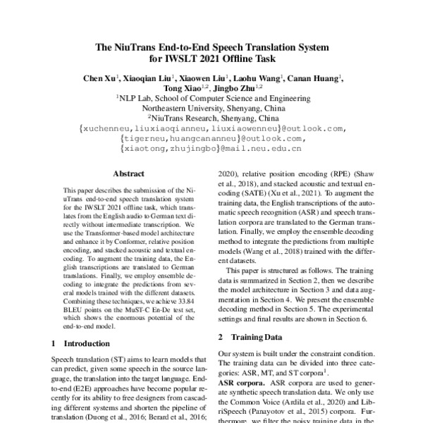 The NiuTrans End-to-End Speech Translation System for IWSLT 2021 ...