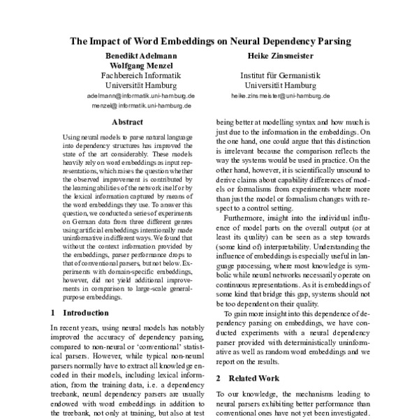 The Impact of Word Embeddings on Neural Dependency Parsing - ACL Anthology