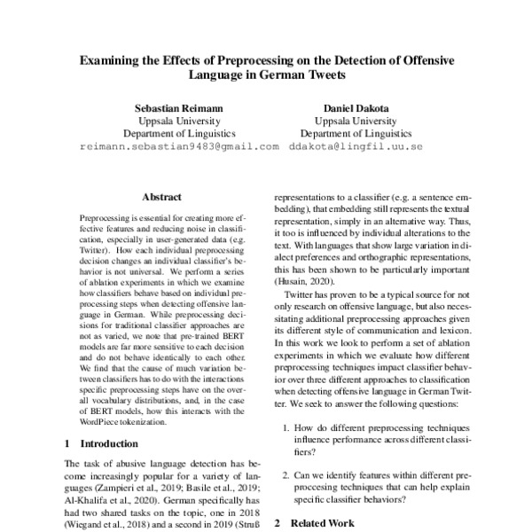 Examining the Effects of Preprocessing on the Detection of Offensive ...
