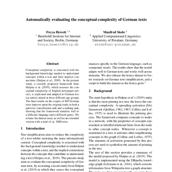Automatically Evaluating The Conceptual Complexity Of German Texts Acl Anthology
