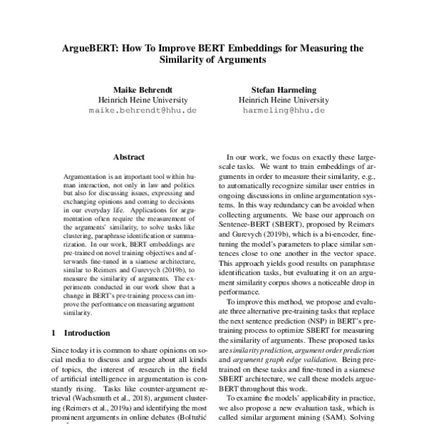 Arguebert How To Improve Bert Embeddings For Measuring The Similarity Of Arguments Acl Anthology