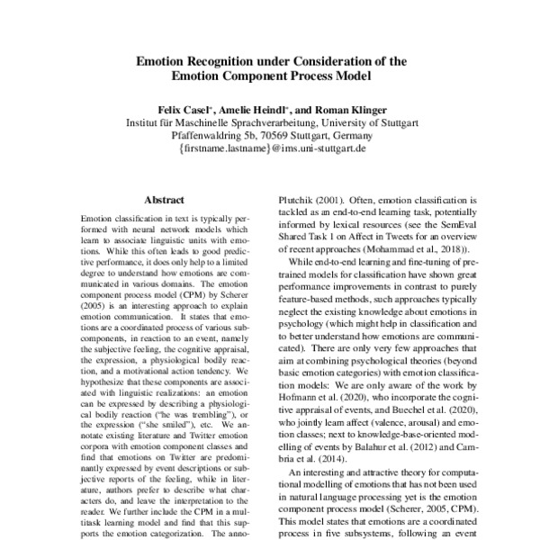 Emotion Recognition under Consideration of the Emotion Component ...