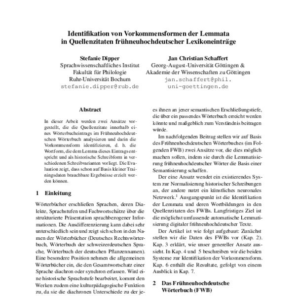 Identifikation von Vorkommensformen der Lemmata in Quellenzitaten ...
