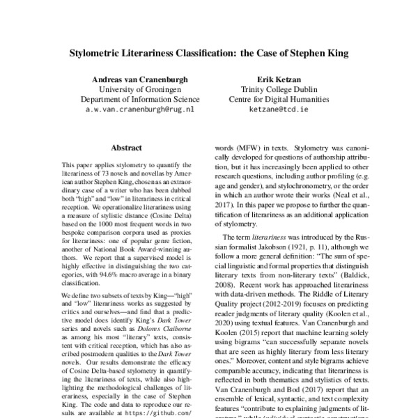 Stylometric Literariness Classification: the Case of Stephen King - ACL ...