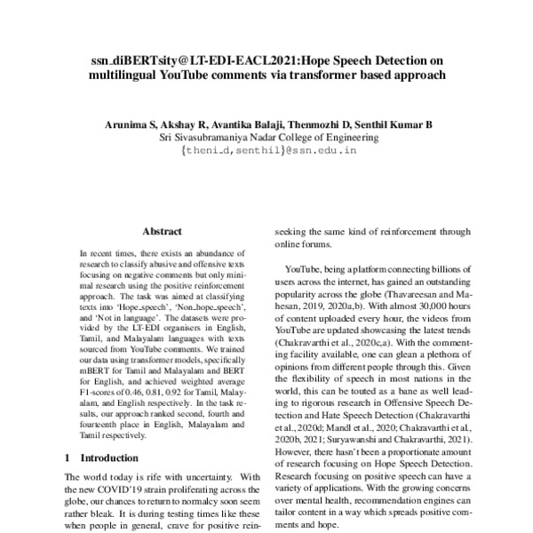 ssn_diBERTsity@LT-EDI-EACL2021:Hope Speech Detection on multilingual YouTube comments via ...