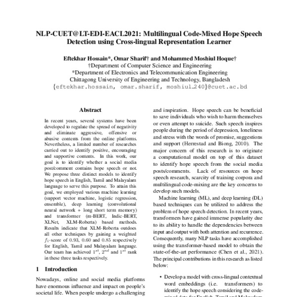 NLP-CUET@LT-EDI-EACL2021: Multilingual Code-Mixed Hope Speech Detection using Cross-lingual ...