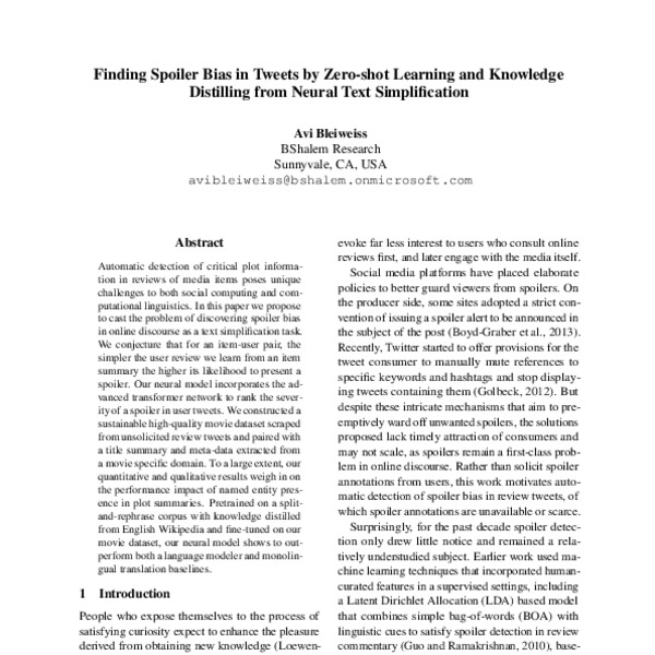 Finding Spoiler Bias in Tweets by Zero-shot Learning and Knowledge Distilling from Neural Text ...