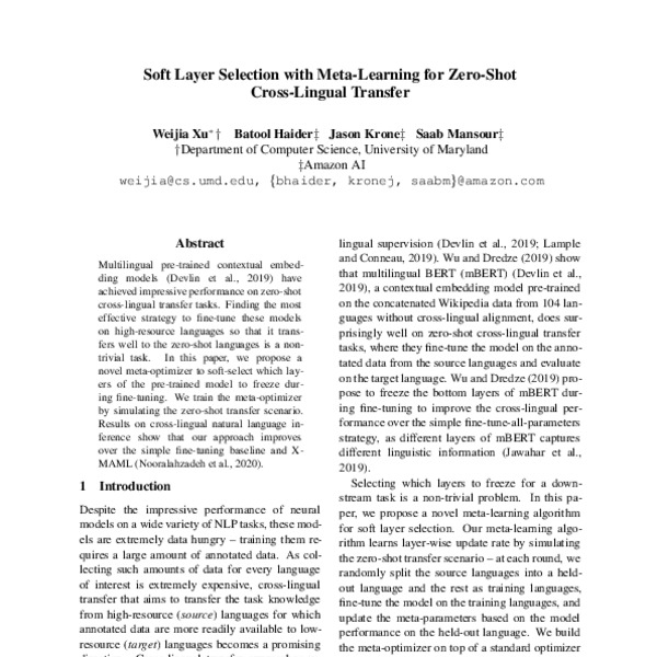 Soft Layer Selection with Meta-Learning for Zero-Shot Cross-Lingual Transfer - ACL Anthology