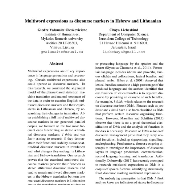 Multiword Expressions As Discourse Markers In Hebrew And Lithuanian Acl Anthology