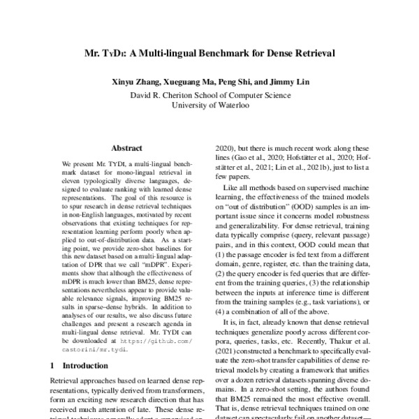 Mr. TyDi: A Multi-lingual Benchmark for Dense Retrieval - ACL Anthology
