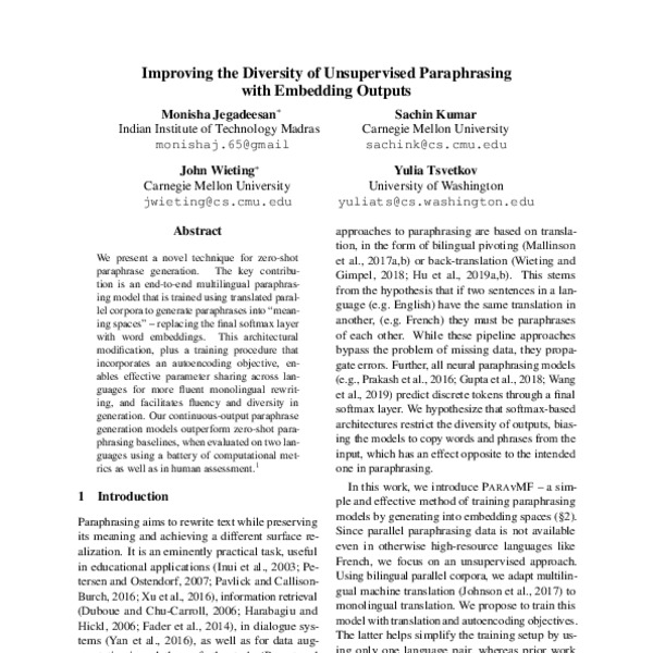 Improving the Diversity of Unsupervised Paraphrasing with Embedding Outputs - ACL Anthology