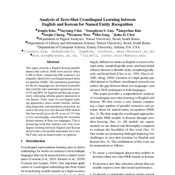 Analysis of Zero-Shot Crosslingual Learning between English and Korean for Named Entity ...