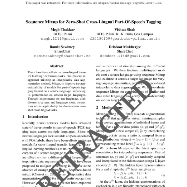 [RETRACTED] Sequence Mixup for Zero-Shot Cross-Lingual Part-Of-Speech Tagging - ACL Anthology