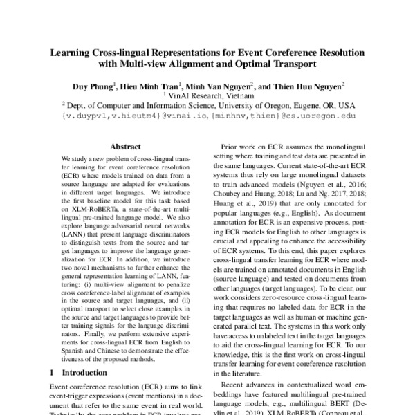 Learning Cross Lingual Representations For Event Coreference Resolution With Multi View