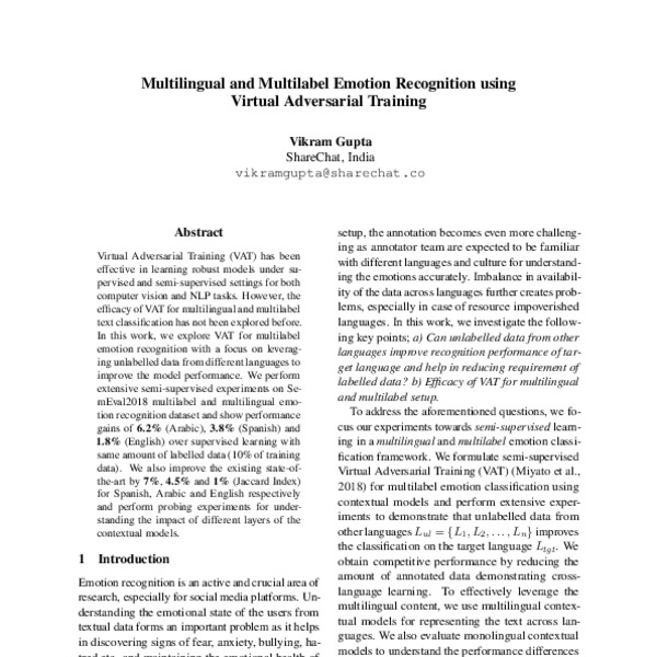 Multilingual And Multilabel Emotion Recognition Using Virtual Adversarial Training Acl Anthology