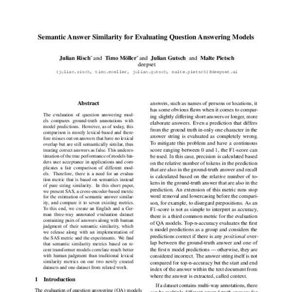 Semantic Answer Similarity for Evaluating Question Answering Models ...