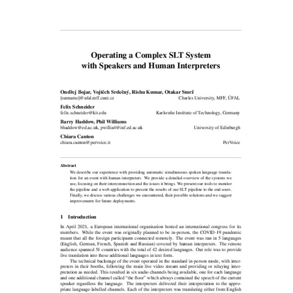 Operating a Complex SLT System with Speakers and Human Interpreters ...