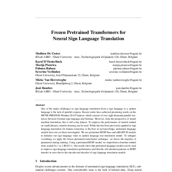 Frozen Pretrained Transformers for Neural Sign Language Translation ...