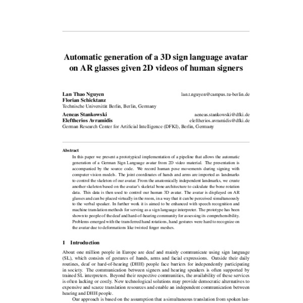 Automatic generation of a 3D sign language avatar on AR glasses given ...