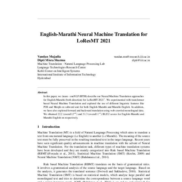 English-Marathi Neural Machine Translation for LoResMT 2021 - ACL Anthology