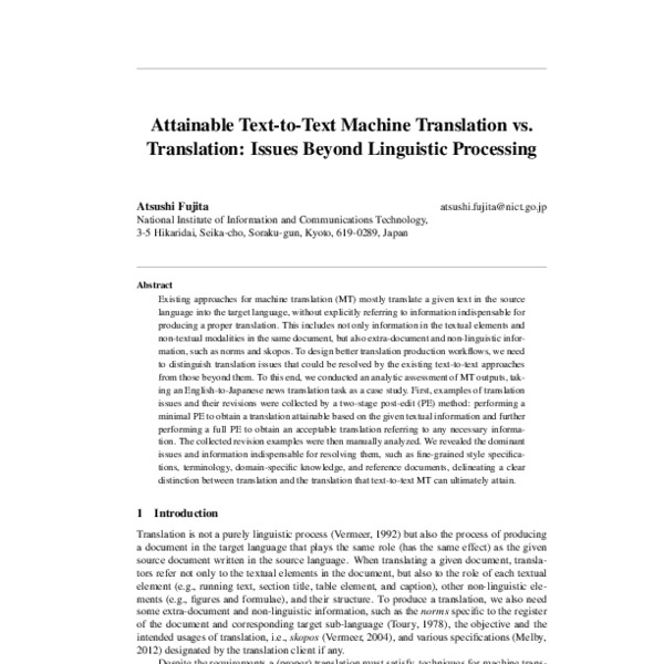 Attainable Text-to-Text Machine Translation vs. Translation: Issues ...