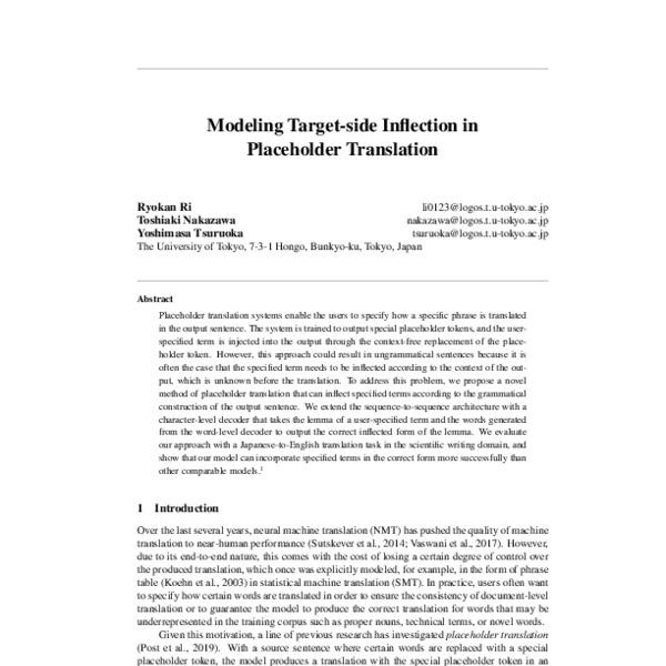 Modeling Target-side Inflection in Placeholder Translation - ACL Anthology
