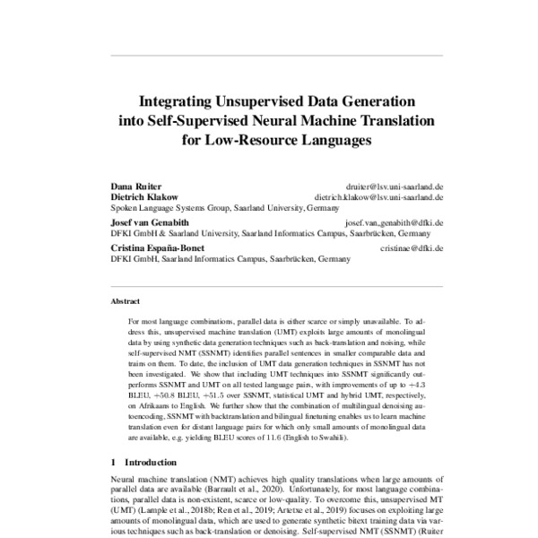 Integrating Unsupervised Data Generation into Self-Supervised Neural Machine Translation for Low ...