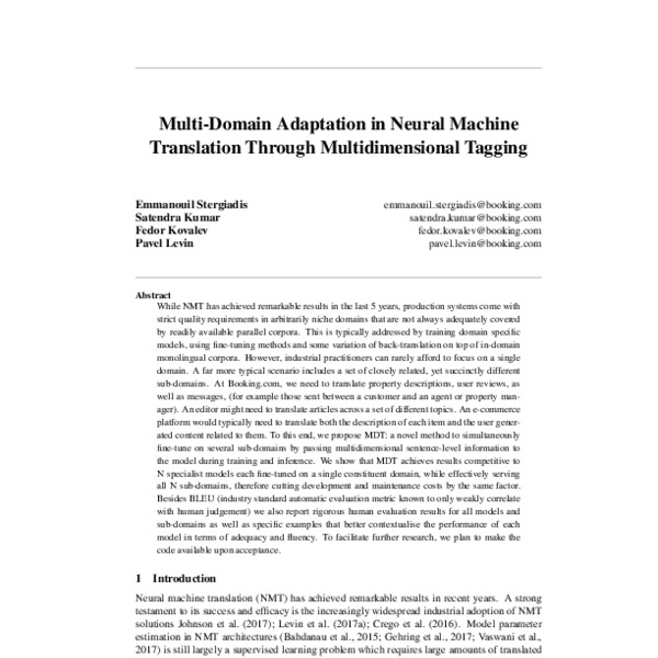 Multi-Domain Adaptation in Neural Machine Translation Through Multidimensional Tagging - ACL ...