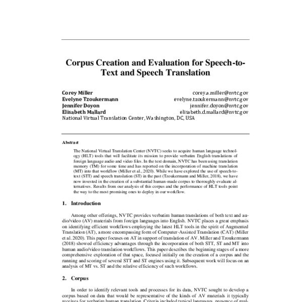 Corpus Creation and Evaluation for Speech-to-Text and Speech ...