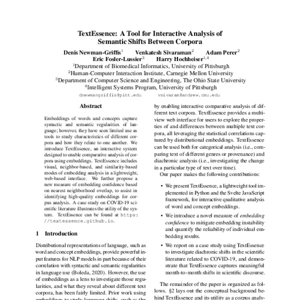 Textessence A Tool For Interactive Analysis Of Semantic Shifts Between Corpora Acl Anthology