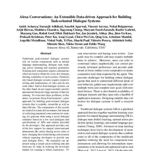Alexa Conversations: An Extensible Data-driven Approach for Building Task-oriented Dialogue ...
