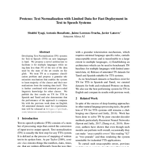 Proteno: Text Normalization with Limited Data for Fast Deployment in Text to Speech Systems ...