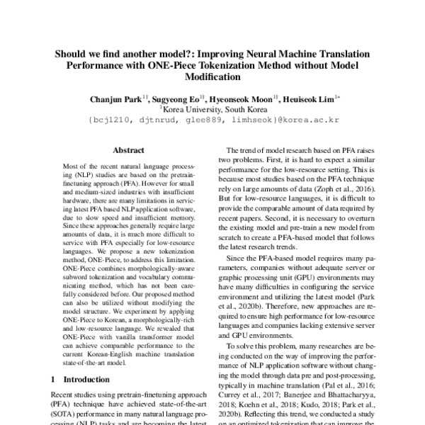 Should we find another model?: Improving Neural Machine Translation Performance with ONE-Piece ...