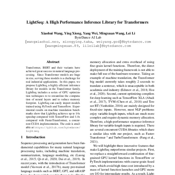 Lightseq A High Performance Inference Library For Transformers Acl Anthology