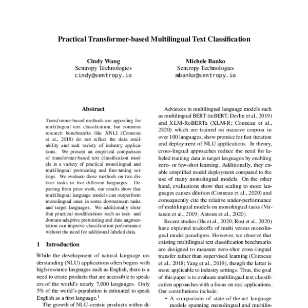 Practical Transformer Based Multilingual Text Classification Acl