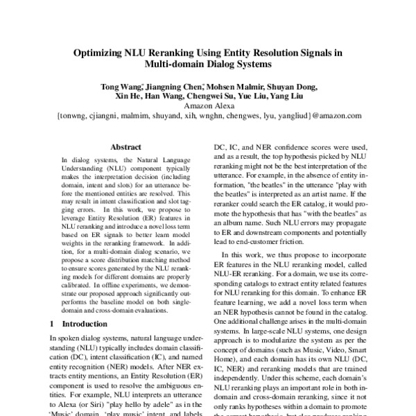 Optimizing Nlu Reranking Using Entity Resolution Signals In Multi Domain Dialog Systems Acl