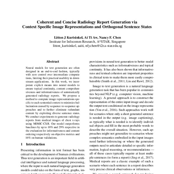 Coherent And Concise Radiology Report Generation Via Context Specific