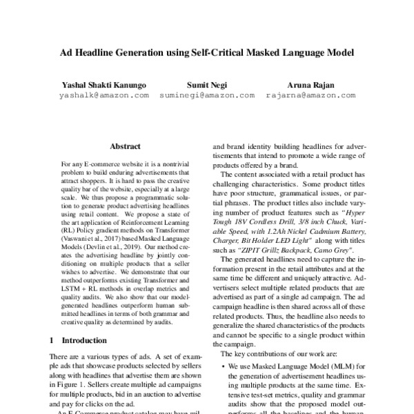 Ad Headline Generation Using Self Critical Masked Language Model Acl