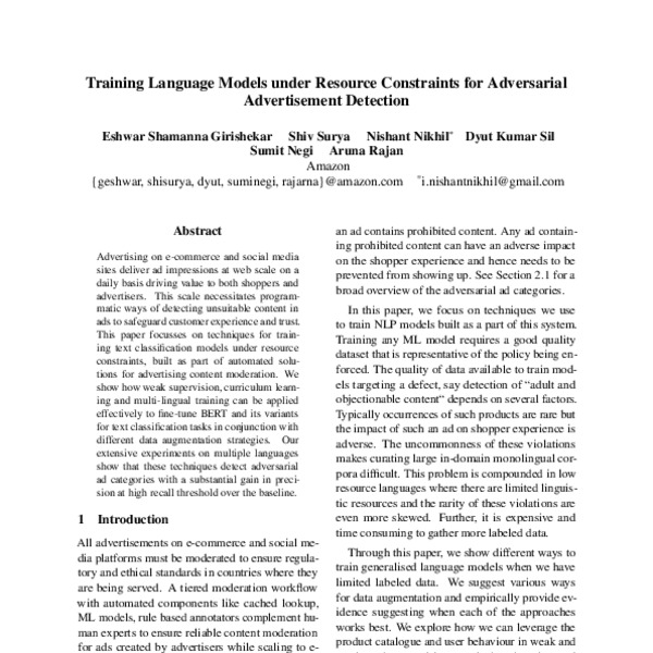 Training Language Models Under Resource Constraints For Adversarial Advertisement Detection